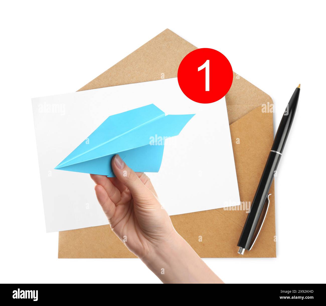 Message, creative art collage. Hand with paper plane and letter on ...