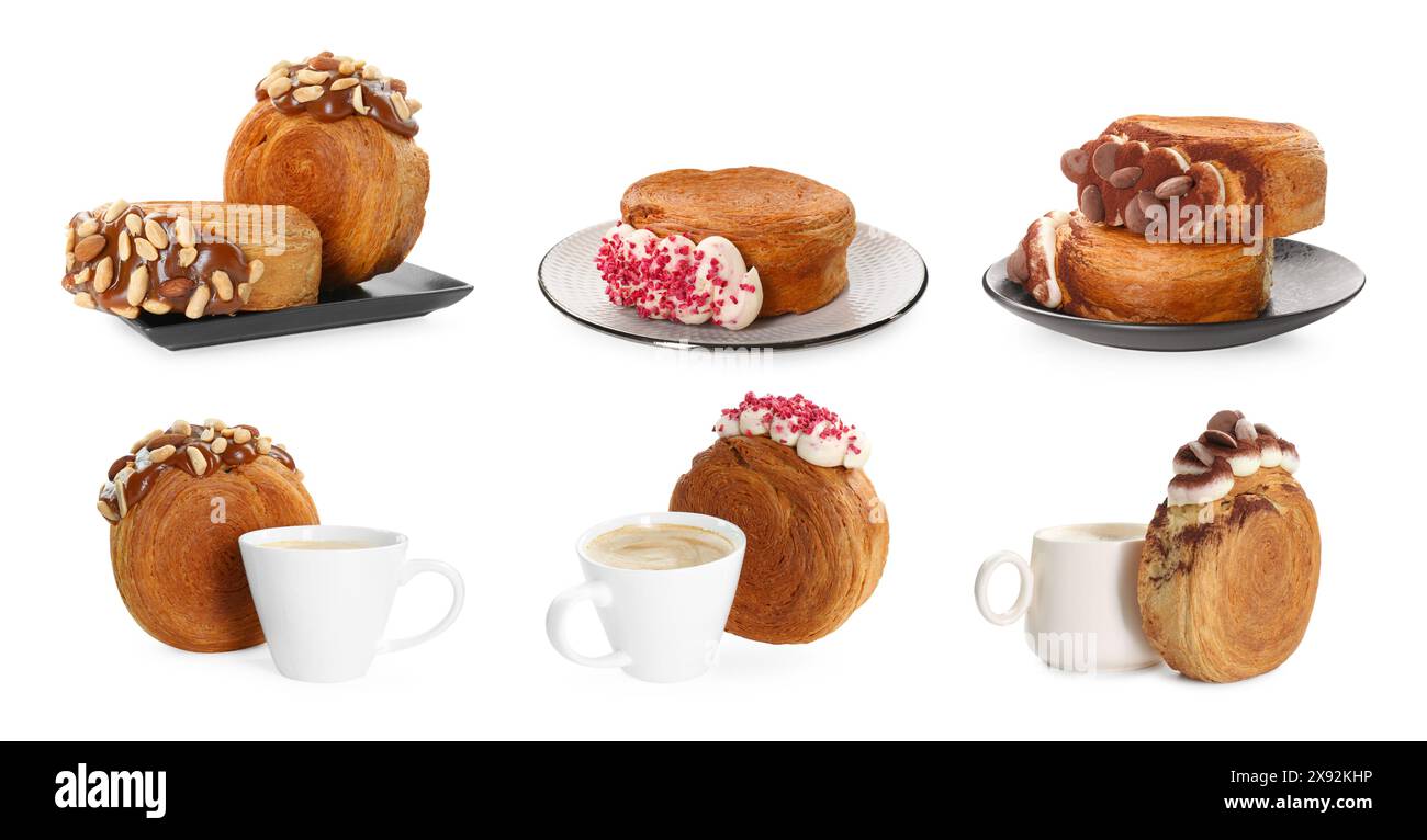 Collection of round croissants and drink isolated on white, top and ...