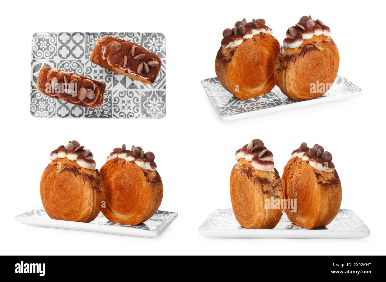 Collection of round croissants isolated on white, top and side views ...