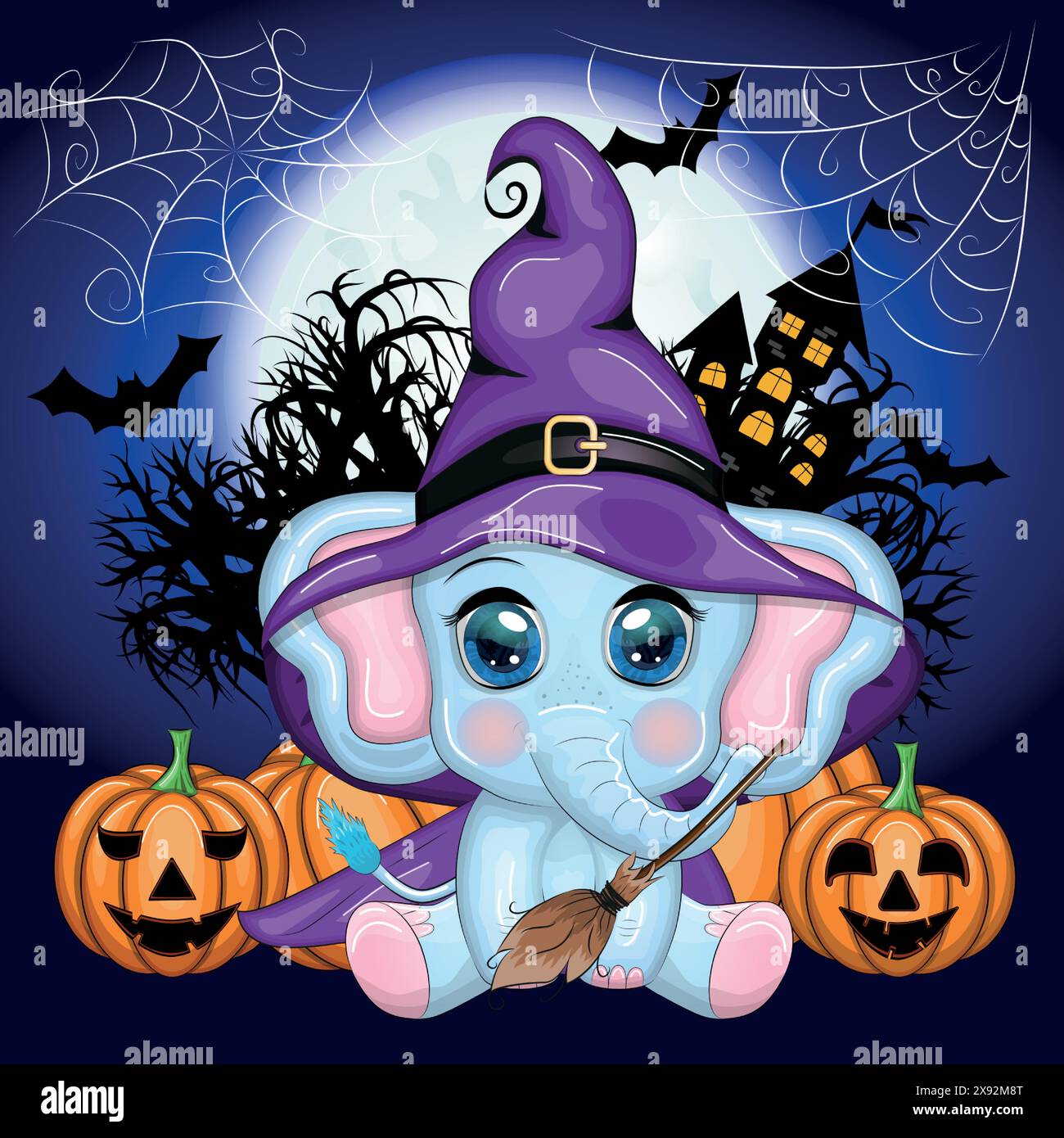 Cute cartoon elephant, childish character in wizard hat with pumpkin ...