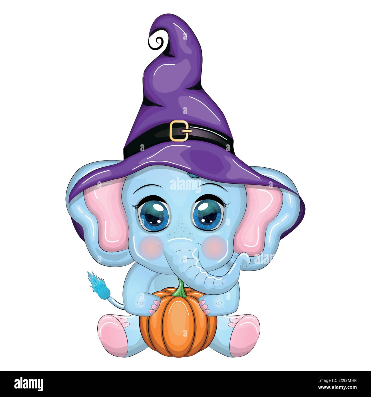 Cute cartoon elephant, childish character in wizard hat with pumpkin, potion or broom, halloween ...