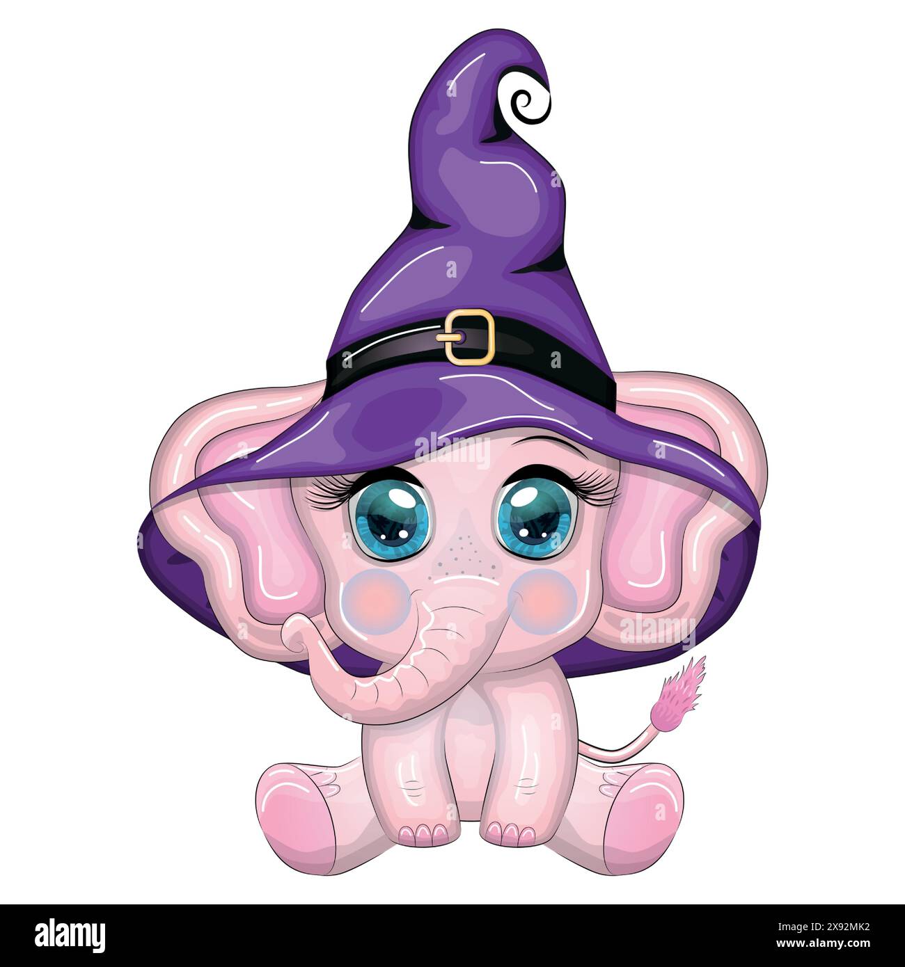 Cute cartoon elephant, childish character in wizard hat with pumpkin, potion or broom, halloween ...