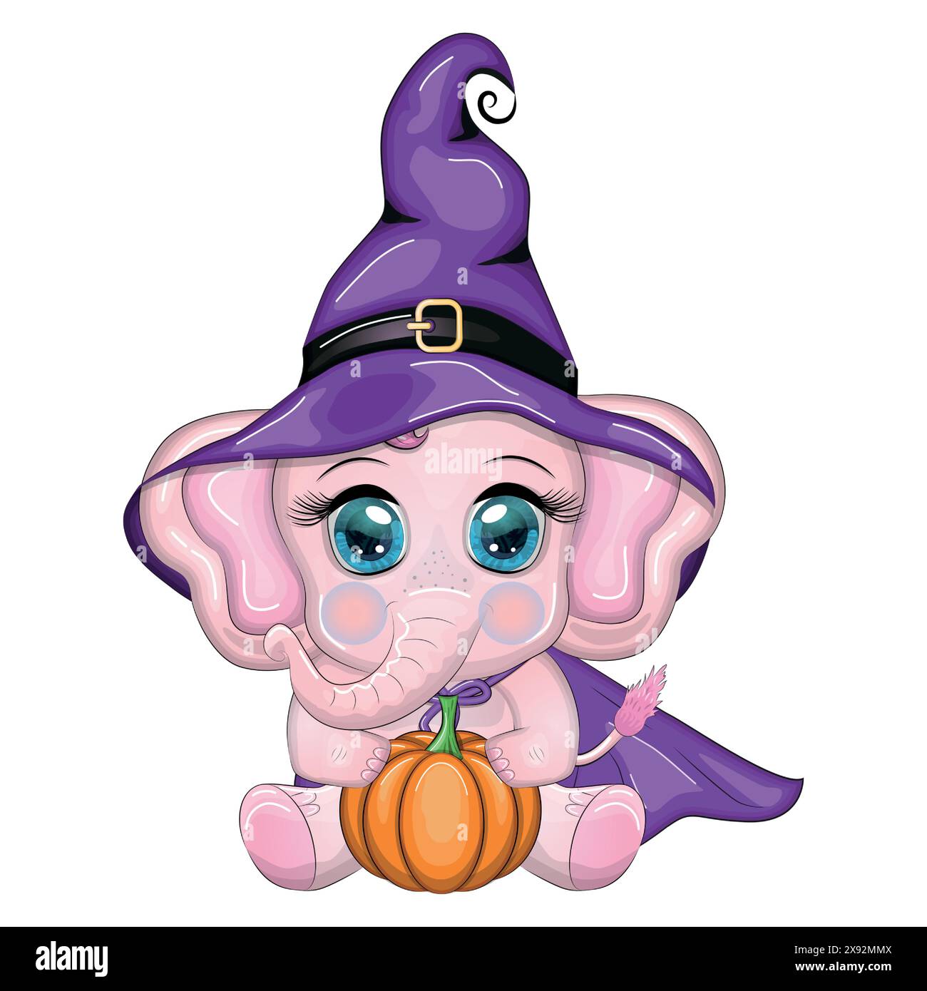 Cute cartoon elephant, childish character in wizard hat with pumpkin, potion or broom, halloween ...