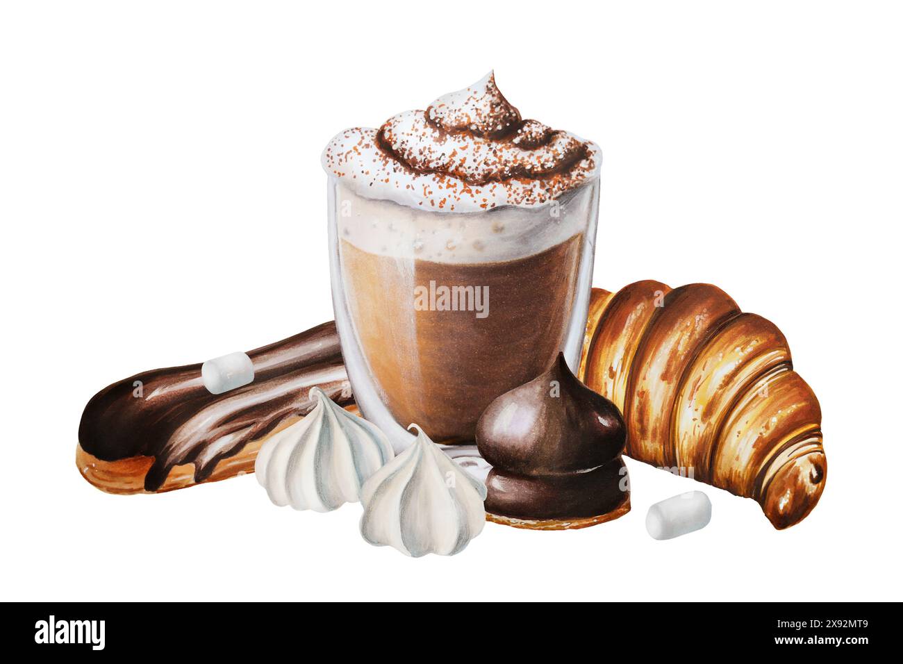 Fluffy foam mocha illustration coffee in a glass cup, eclair ...