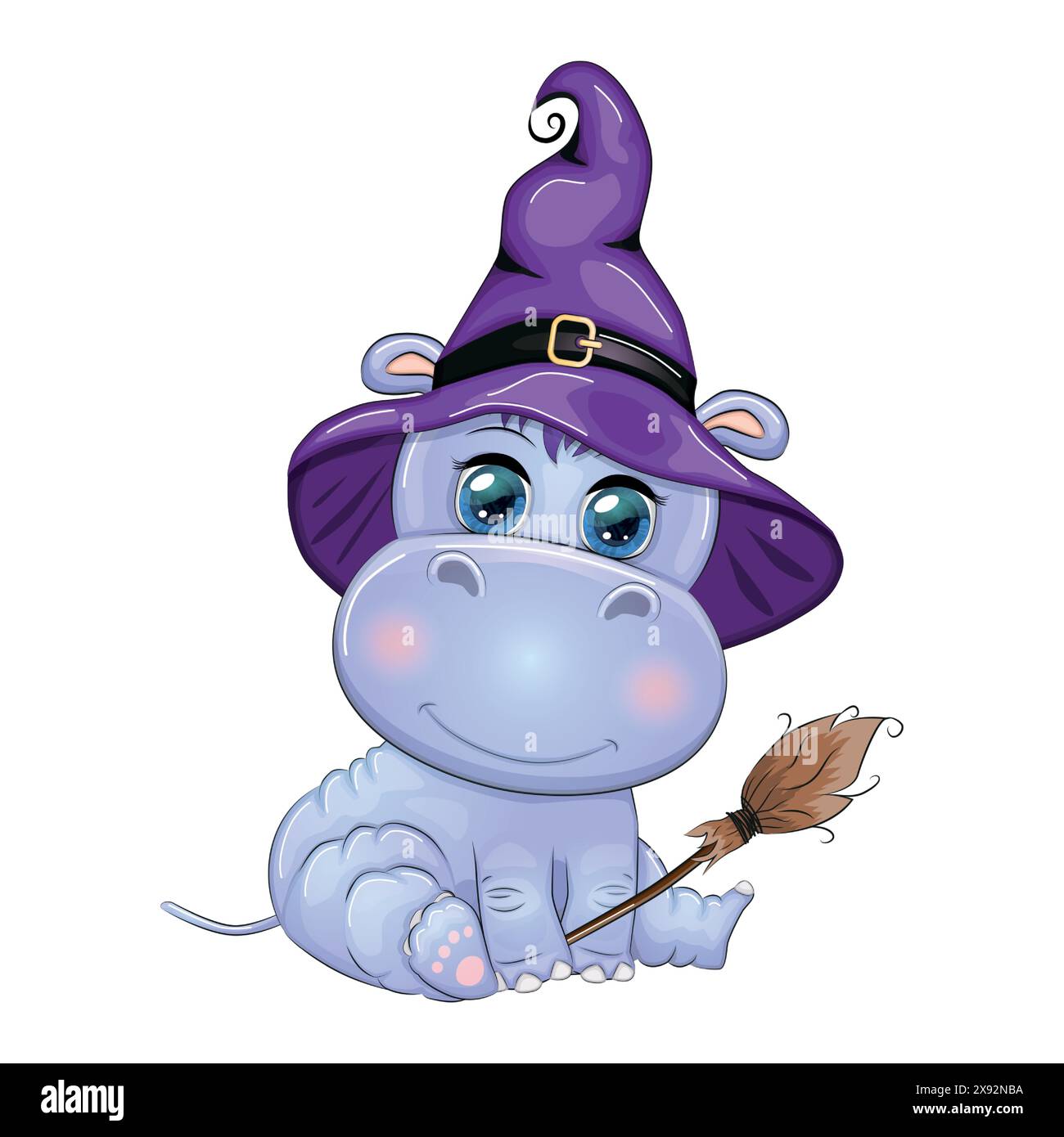 Cartoon hippo with a potion in a purple witch hat and cloak. Halloween ...