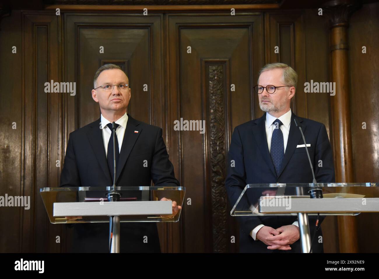 Polish president Andrzej Duda (L) and Czech prime minister Petr Fiala ...