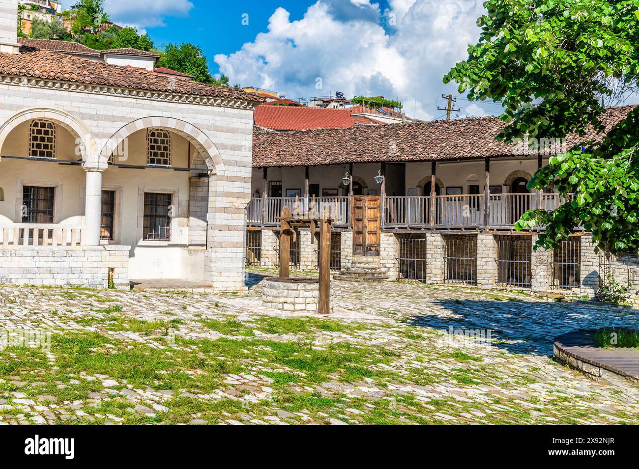 A view across a square towards an old staging stables in the Old ...