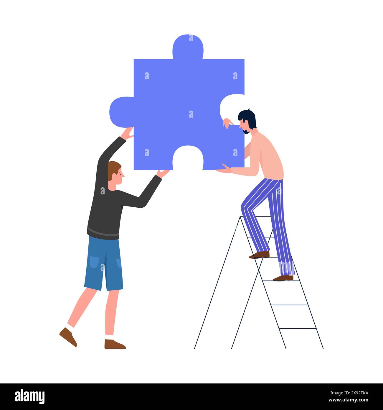 Male characters holding puzzle piece together, tiny man standing on ...