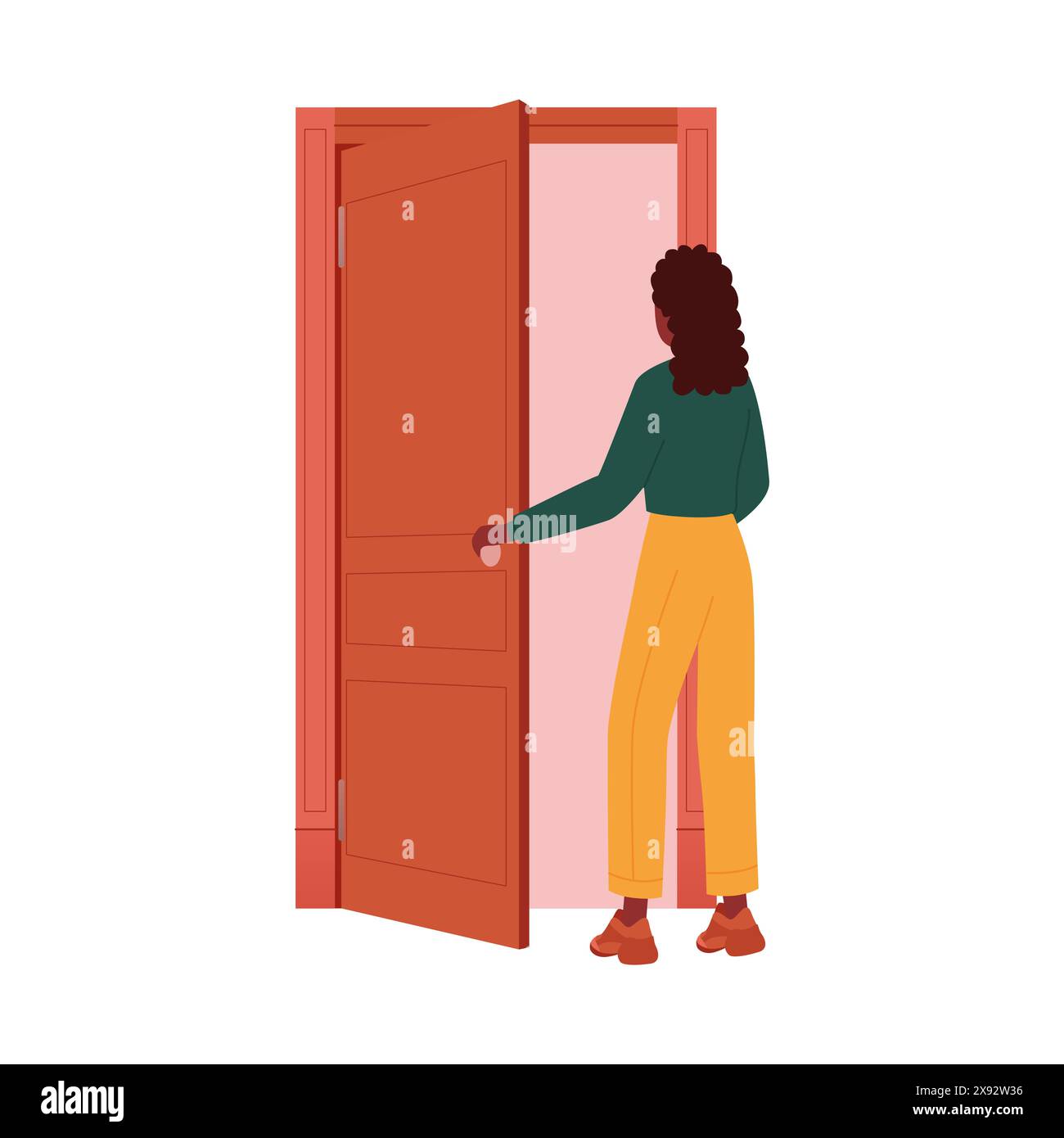 Young woman opening red door and holding handle, rear view vector ...