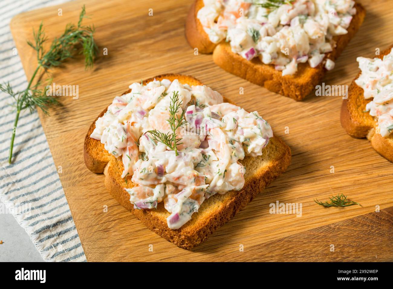 Cold Shrimp Toast Skagen on Bread with Mayo and Dill Stock Photo - Alamy