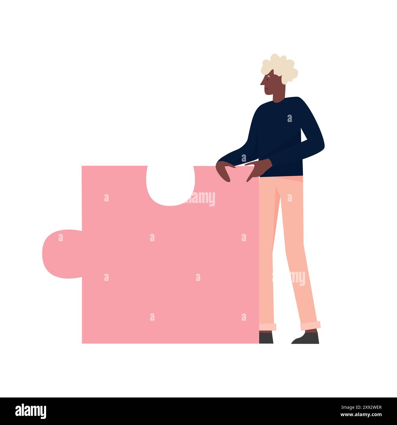 Man standing near pink puzzle piece, success in solving problem of tiny ...