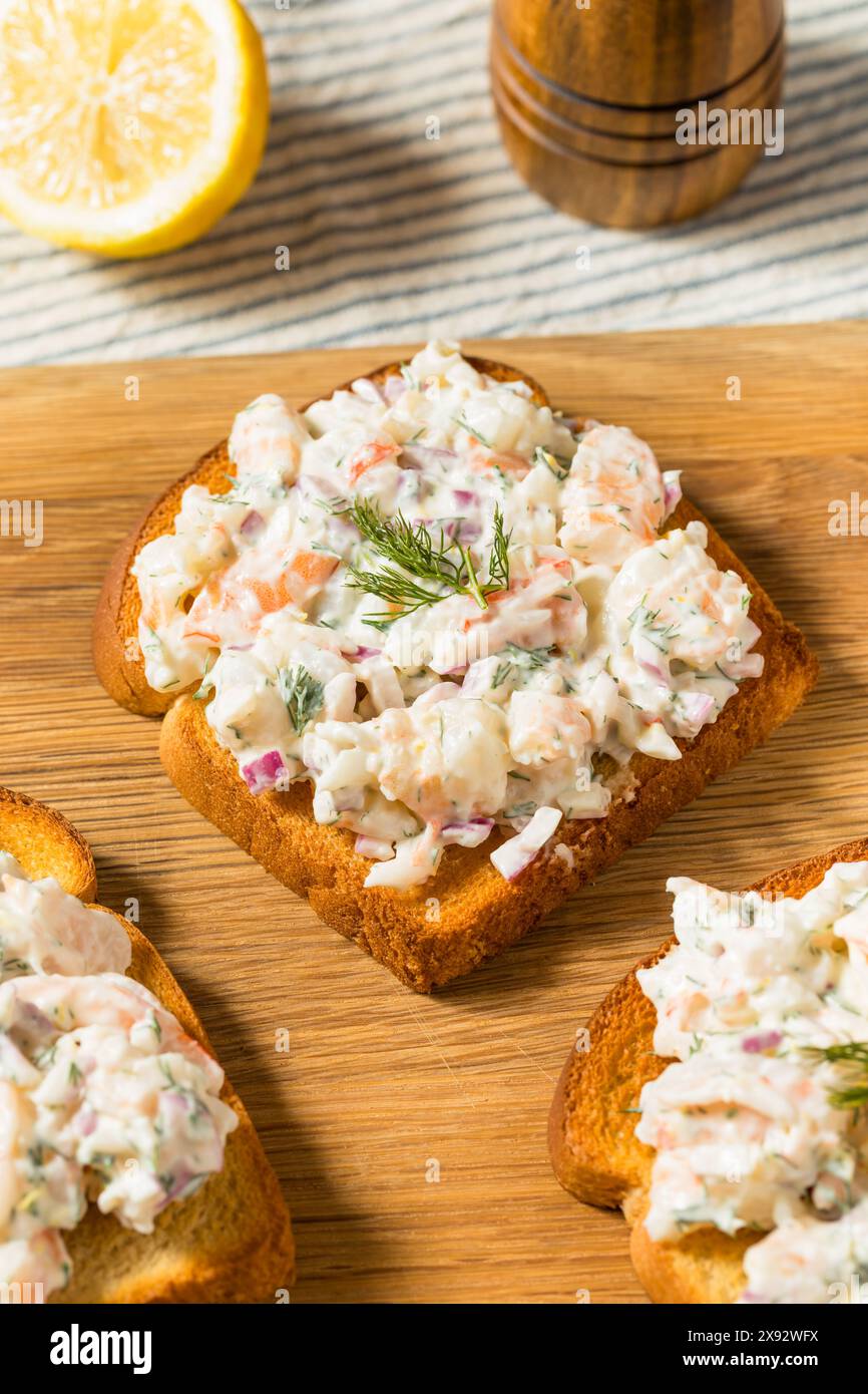 Cold Shrimp Toast Skagen on Bread with Mayo and Dill Stock Photo - Alamy