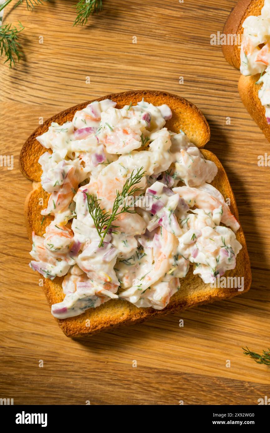Cold Shrimp Toast Skagen on Bread with Mayo and Dill Stock Photo - Alamy