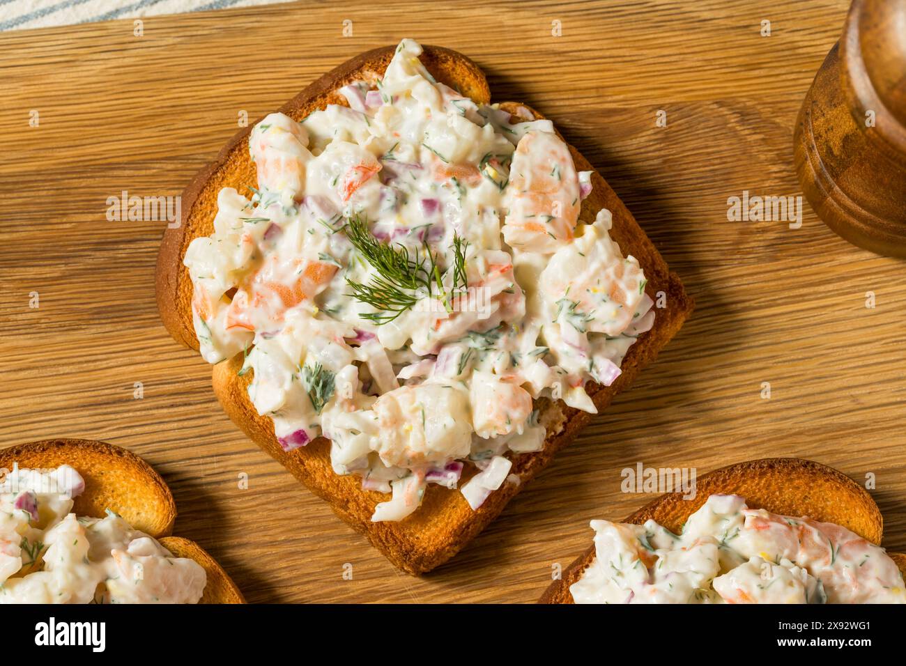 Cold Shrimp Toast Skagen on Bread with Mayo and Dill Stock Photo - Alamy