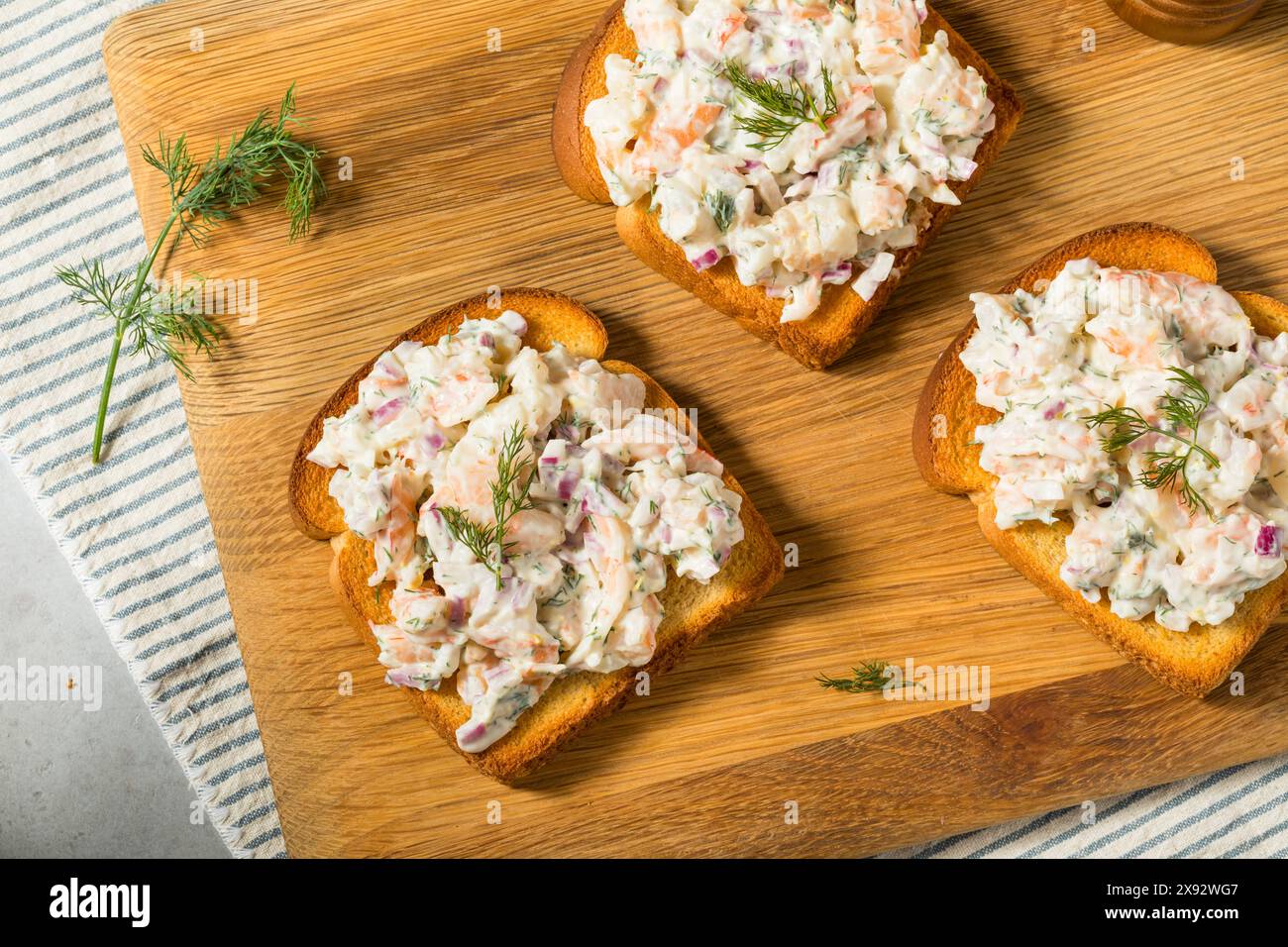 Cold Shrimp Toast Skagen on Bread with Mayo and Dill Stock Photo - Alamy