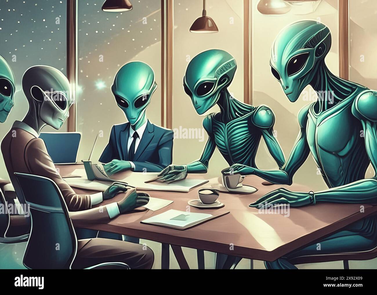 Alien business meeting, some wearing suits, created with generative AI ...