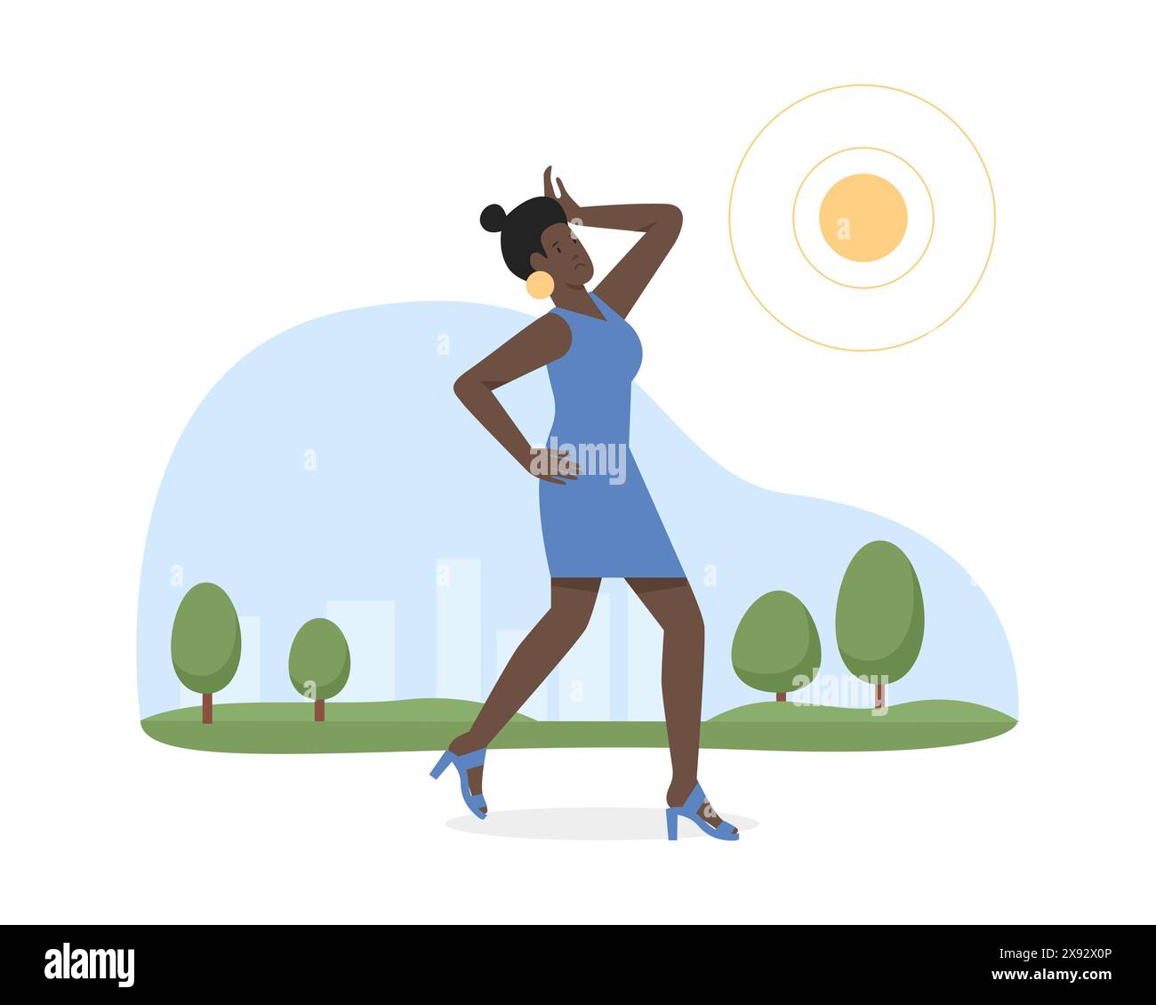 Woman in dress suffering from hot sunny weather in summer, girl walking ...