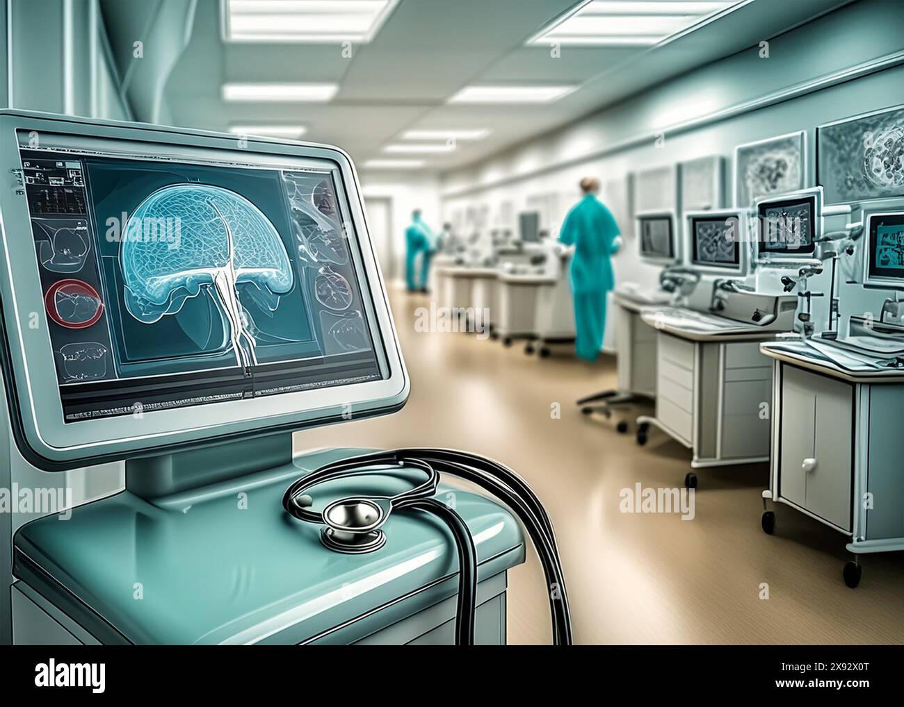 hospital monitor stethoscope doctors and patients in background out of ...