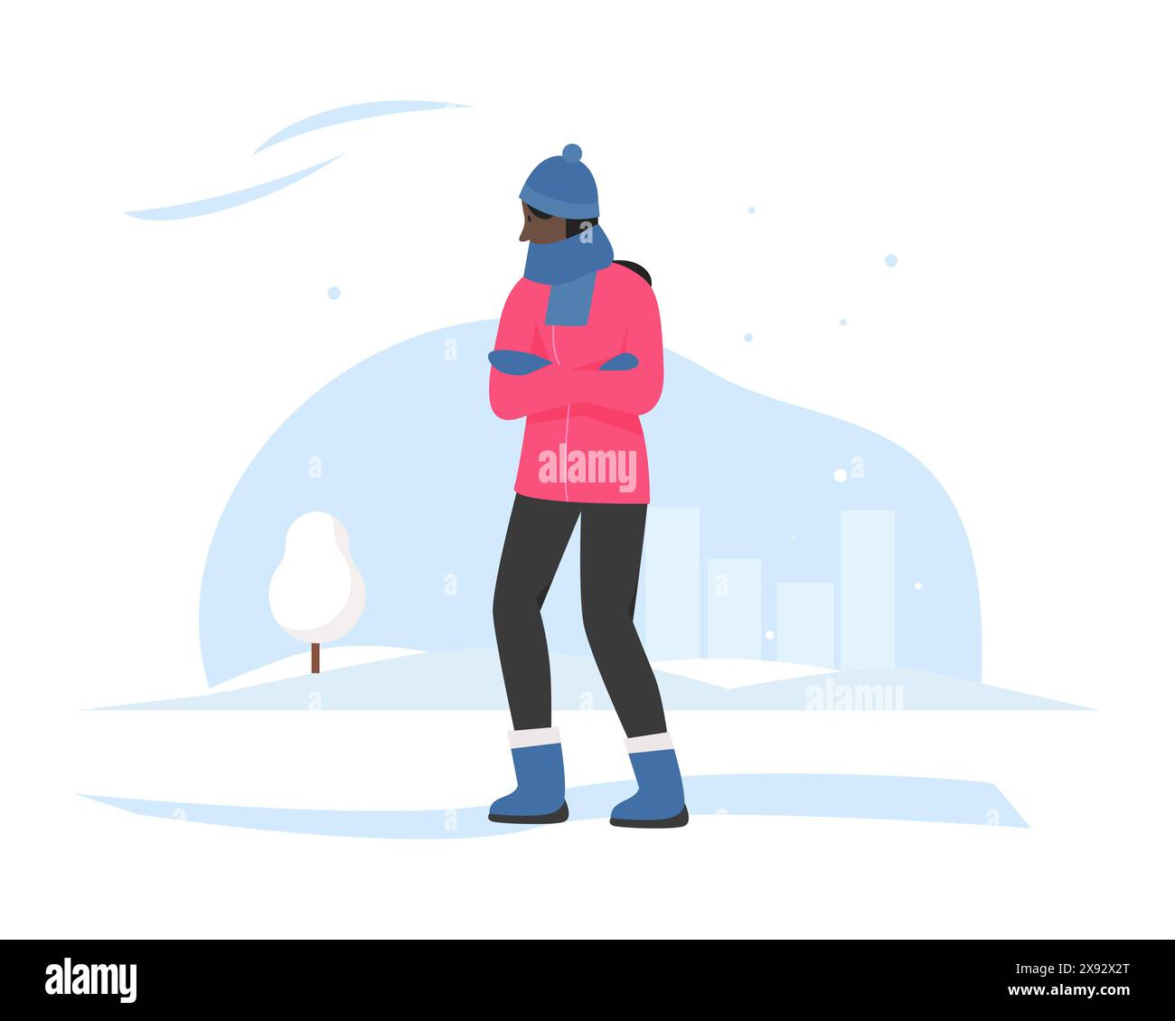 Woman freezing on city street in cold winter weather, girl walking in ...