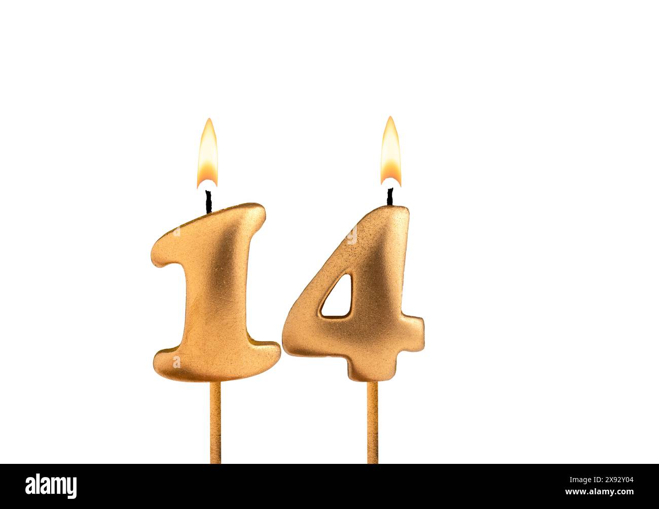 Birthday number 14 - Golden candle on white background Stock Photo - Alamy