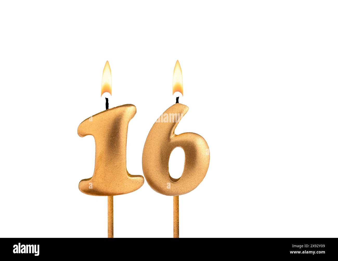 Birthday number 16 - Golden candle on white background Stock Photo - Alamy