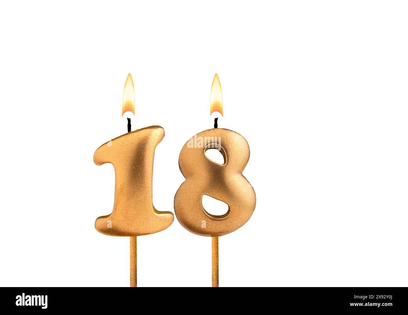 Birthday number 18 - Golden candle on white background Stock Photo - Alamy