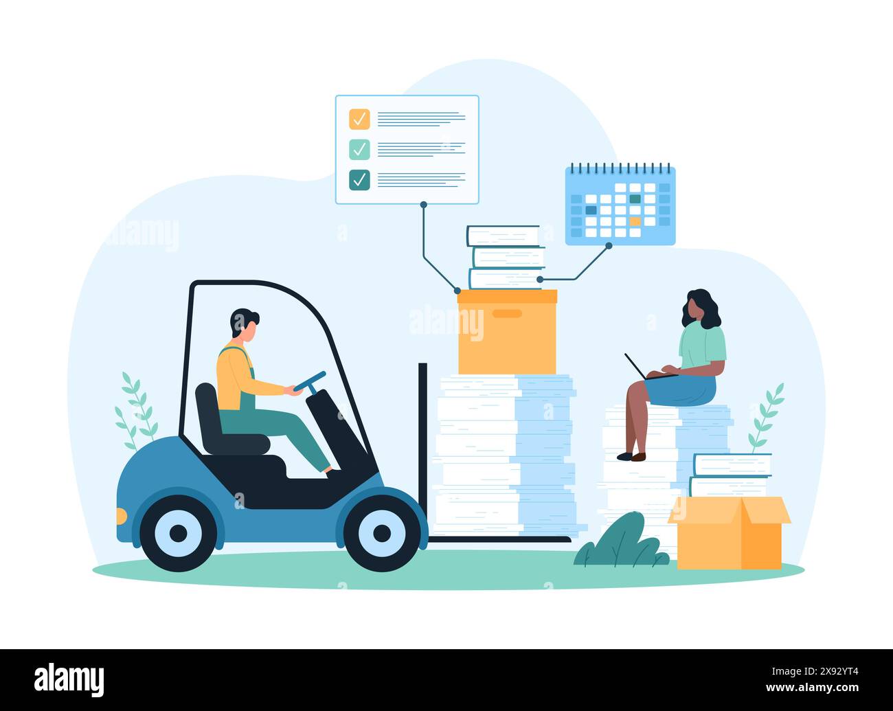 Paperwork, office documents and data organization. Tiny people carry stack of paper sheets ...