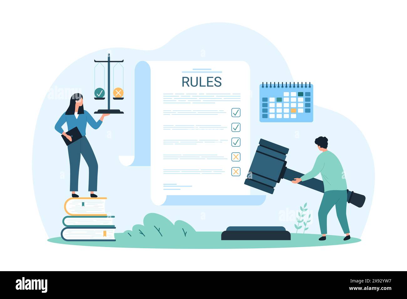 Compliance document, corporate policy, law information and regulatory checklist. Tiny people ...