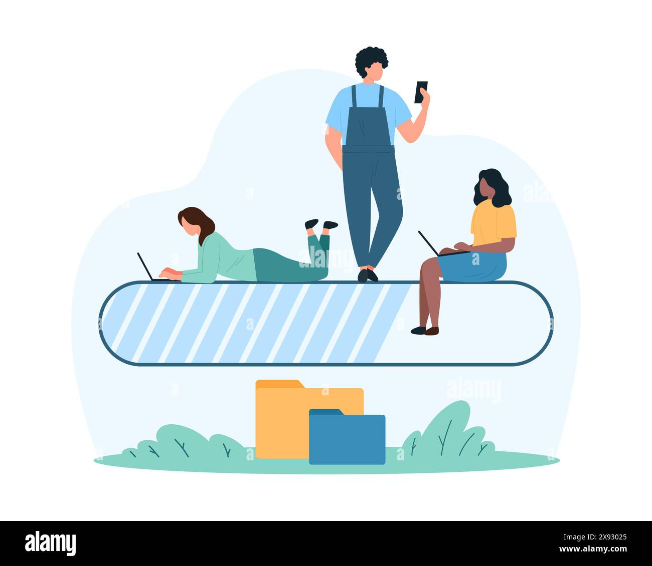 Progress loading bar, digital indicator. Tiny people waiting to upload ...