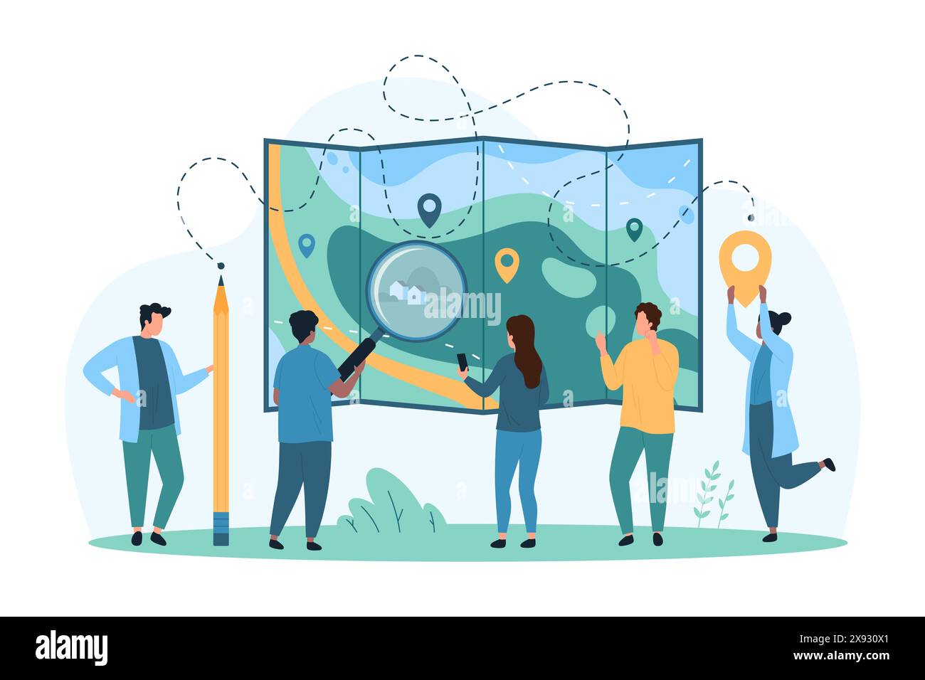 GPS navigation, search service. Tiny people holding location pin ...