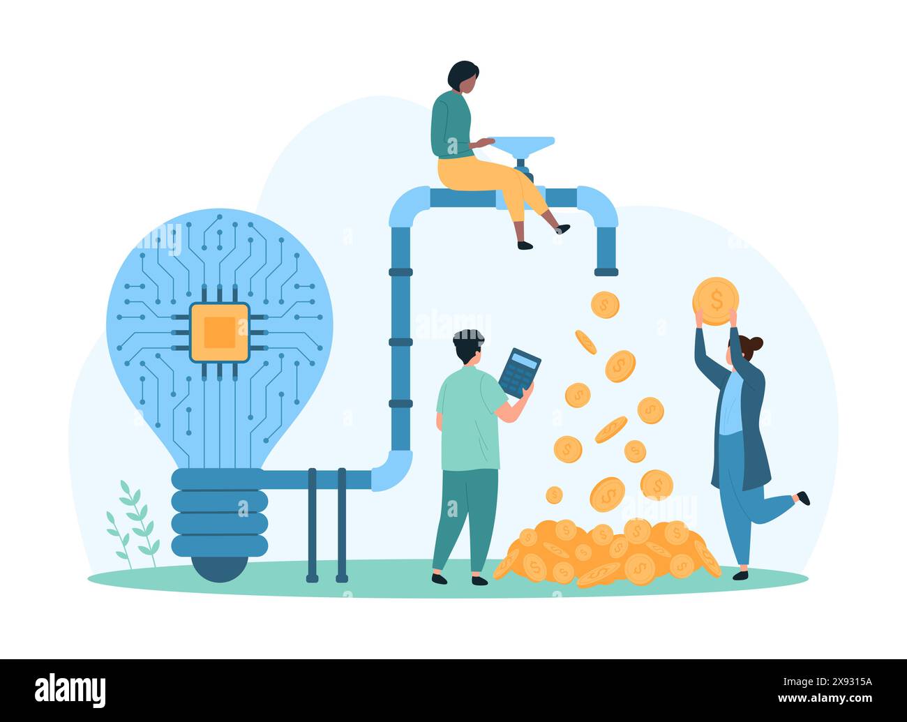 Business ideas to make money, monetization. Tiny people pouring money ... Business ideas to make money, monetization. Tiny people pouring money ...