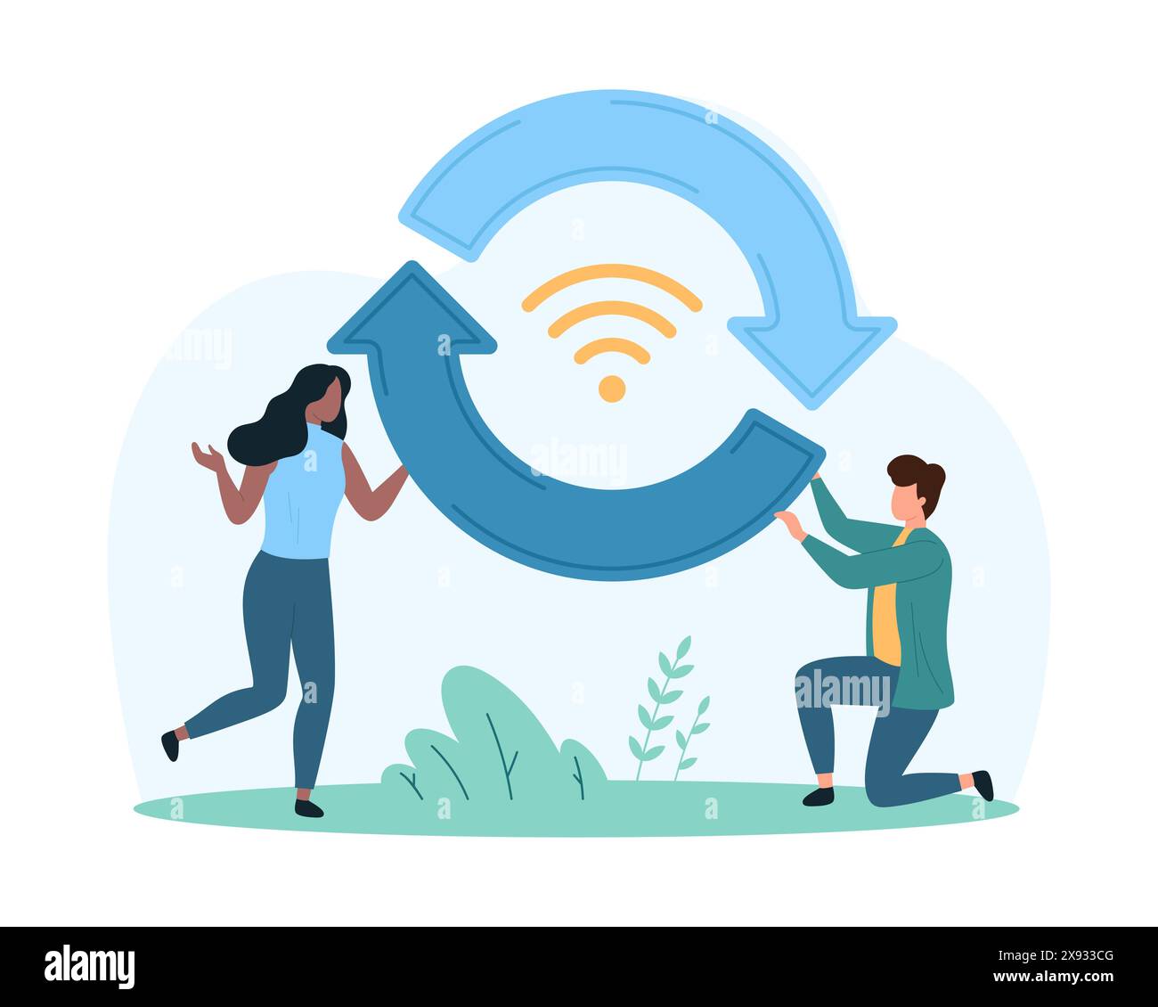 Refresh, synchronize or reset internet connection. Tiny people holding ...
