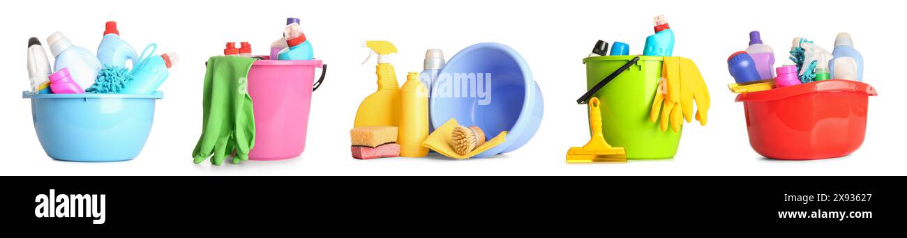 Collage of cleaning supplies on white background Stock Photo - Alamy