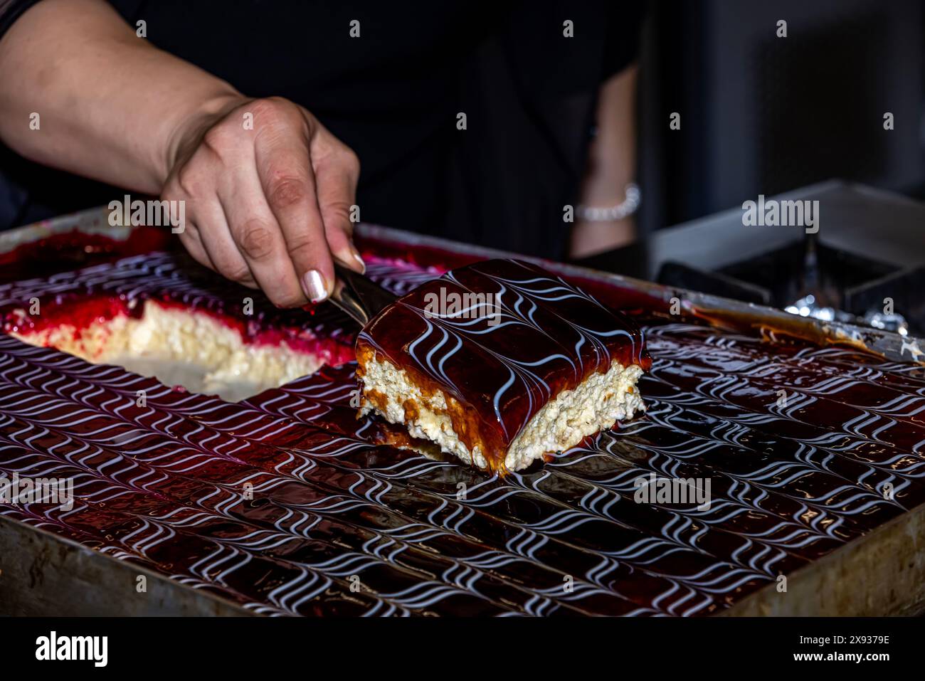 Chef prepares trilece dessert in the kitchen. Turkish Traditional ...
