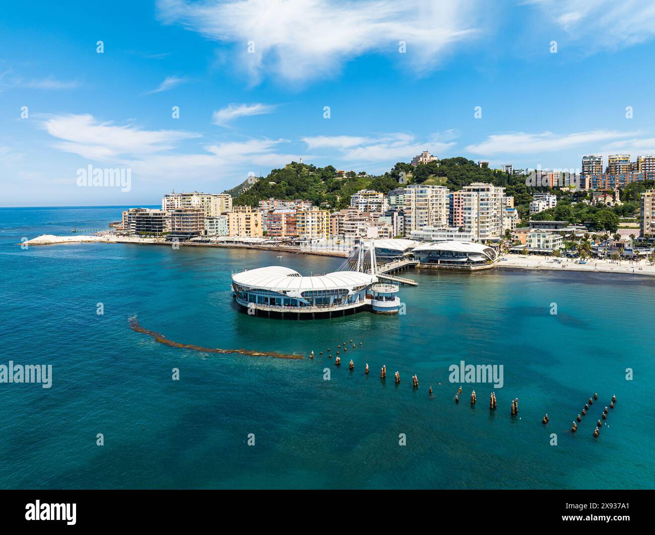 Pier in Durres from a drone, Adriatic Sea, Albania, Europe Stock Photo ...