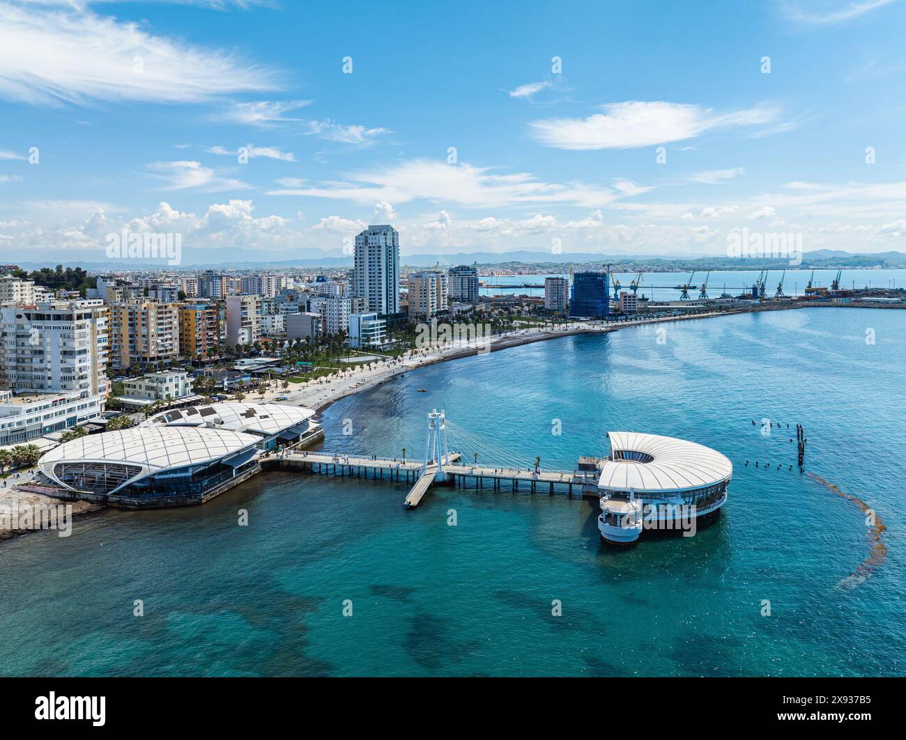 Pier in Durres from a drone, Adriatic Sea, Albania, Europe Stock Photo ...