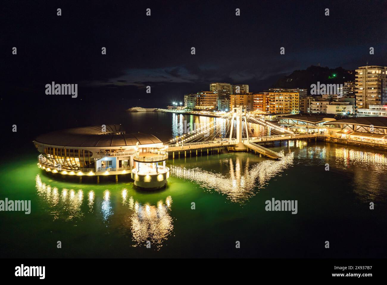 Pier and Promenade in Durres from a drone at night, Adriatic Sea ...
