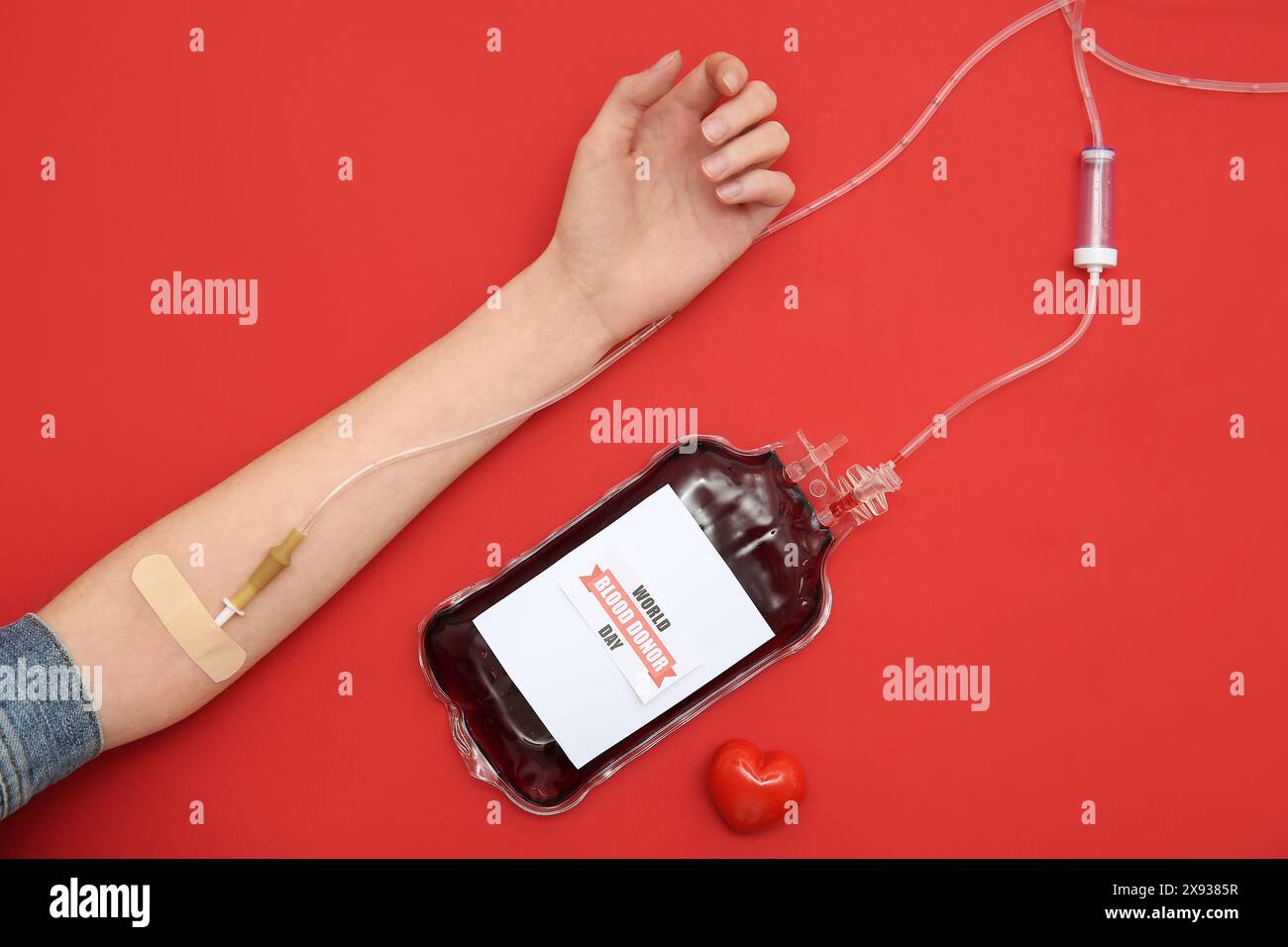 Female hand with blood pack for transfusion with text WORLD BLOOD DONOR ...