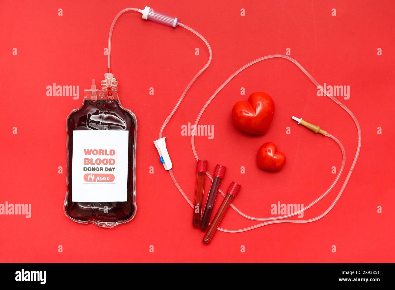 Composition with blood pack for transfusion with text WORLD BLOOD DONOR ...