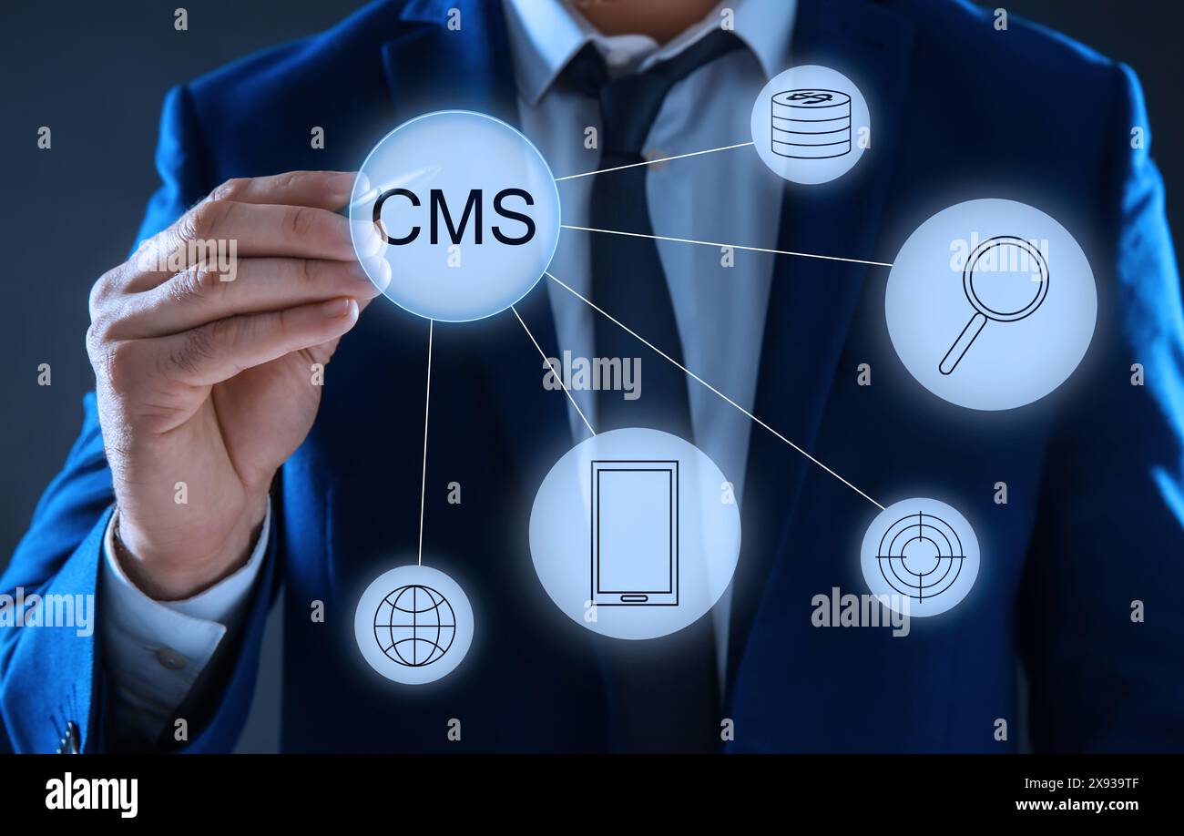 CMS. Man using virtual screen, closeup. Scheme with icons on dark ...
