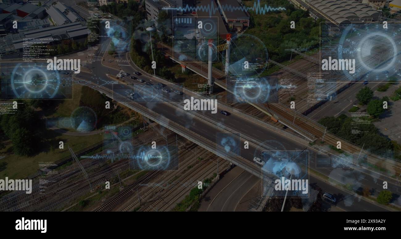Image of round scanners and data processing against aerial view of city ...
