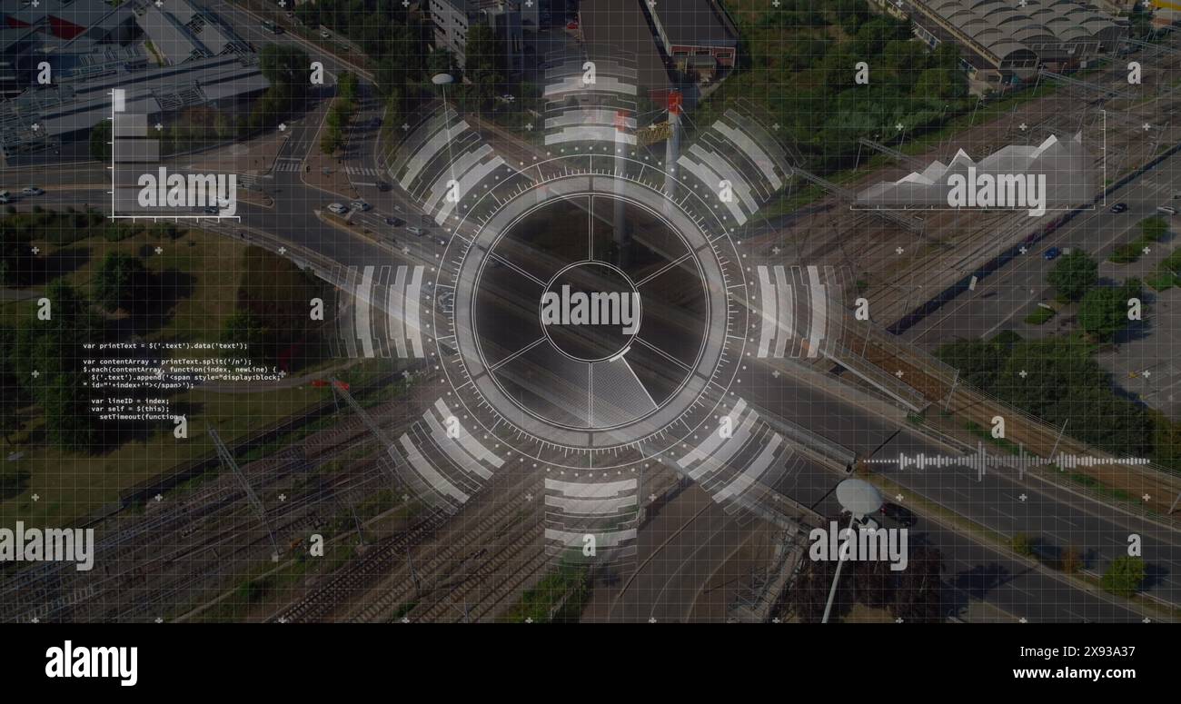 Image of round scanner and data processing against aerial view of city ...