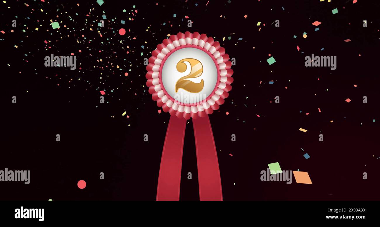 Image of medal with gold number two and red ribbon and confetti ...