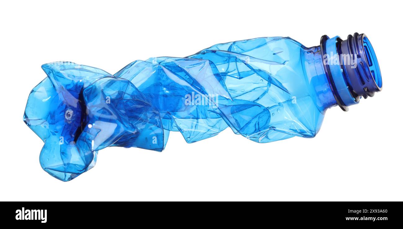 Crumpled disposable plastic bottle isolated on white Stock Photo - Alamy