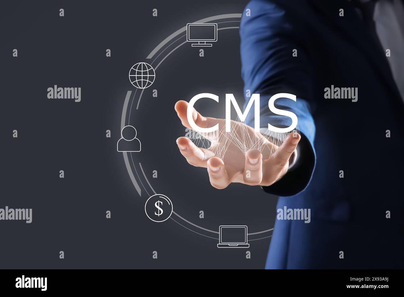 CMS. Man using virtual screen, closeup. Scheme with icons on dark ...