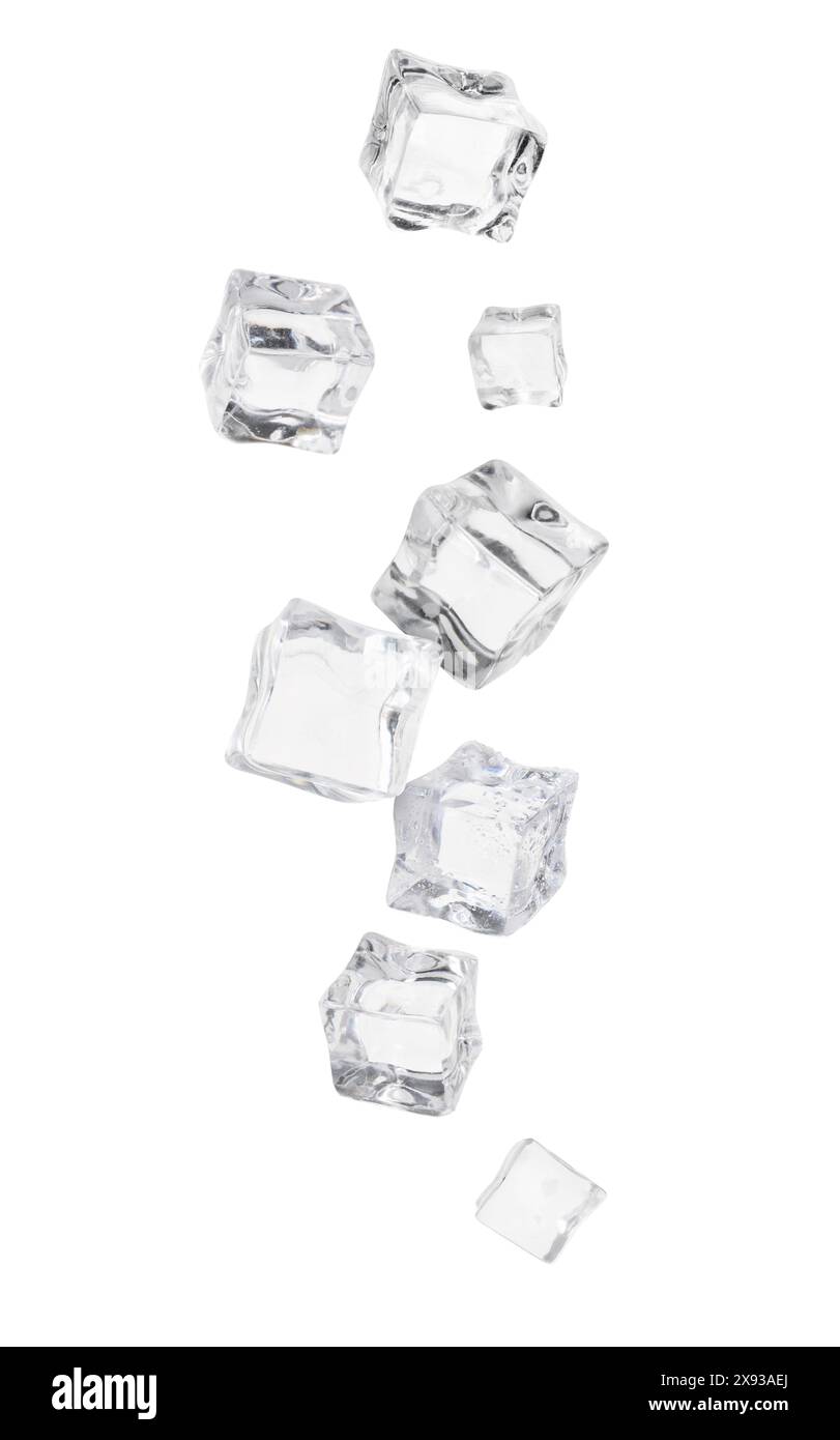 Many ice cubes in air on white background Stock Photo - Alamy