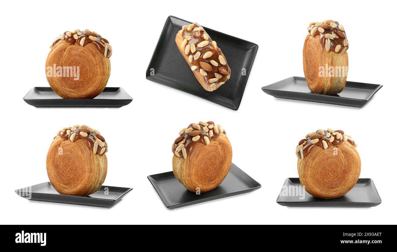 Collection of round croissant isolated on white, top and side views ...