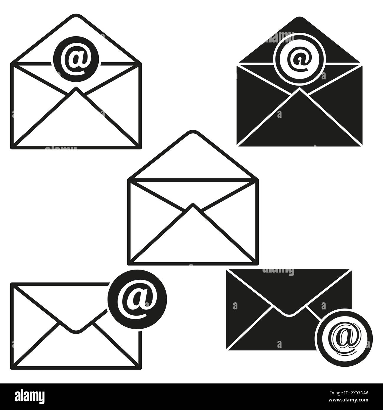 Email icon set. Black and white envelopes. At symbol included. Vector ...