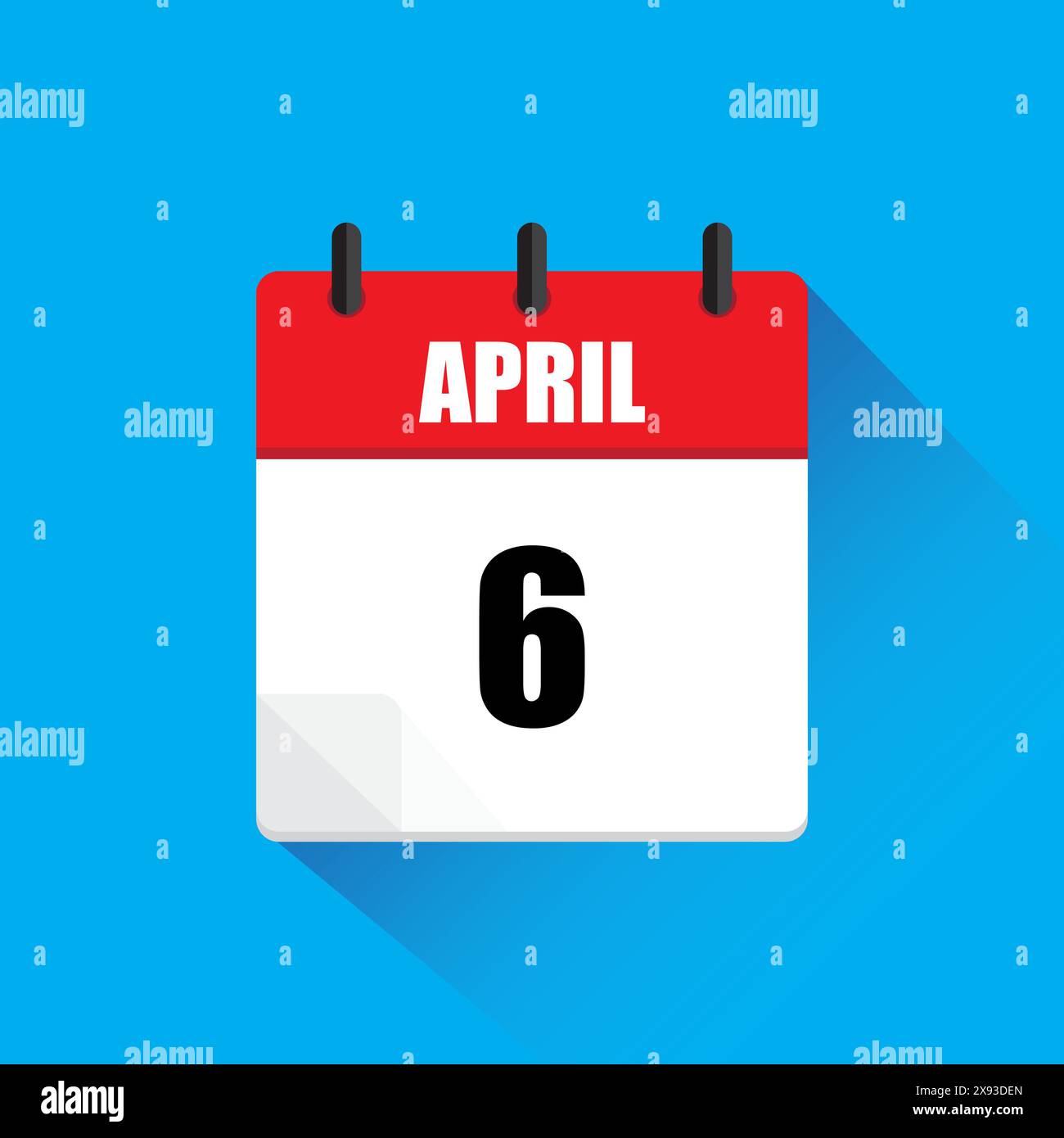 April sixth calendar. Red white vector. Blue background icon. Long ...