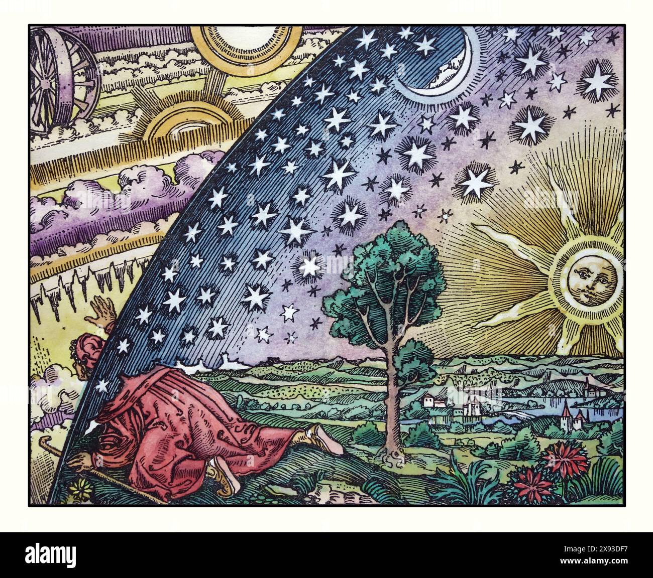 Historical artwork depicting celestial mechanics. A traveller looks out from the sky (blue) to ...